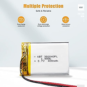 KBT 3.7V 400mAh Li-Polymer Battery: 303040 Rechargeable Lithium-ion Batteries Replacement with 2.0 JST Connector for Car Dash Video Recorder, Digital Camera, Electric Toys, Headlamp, GPS Devices