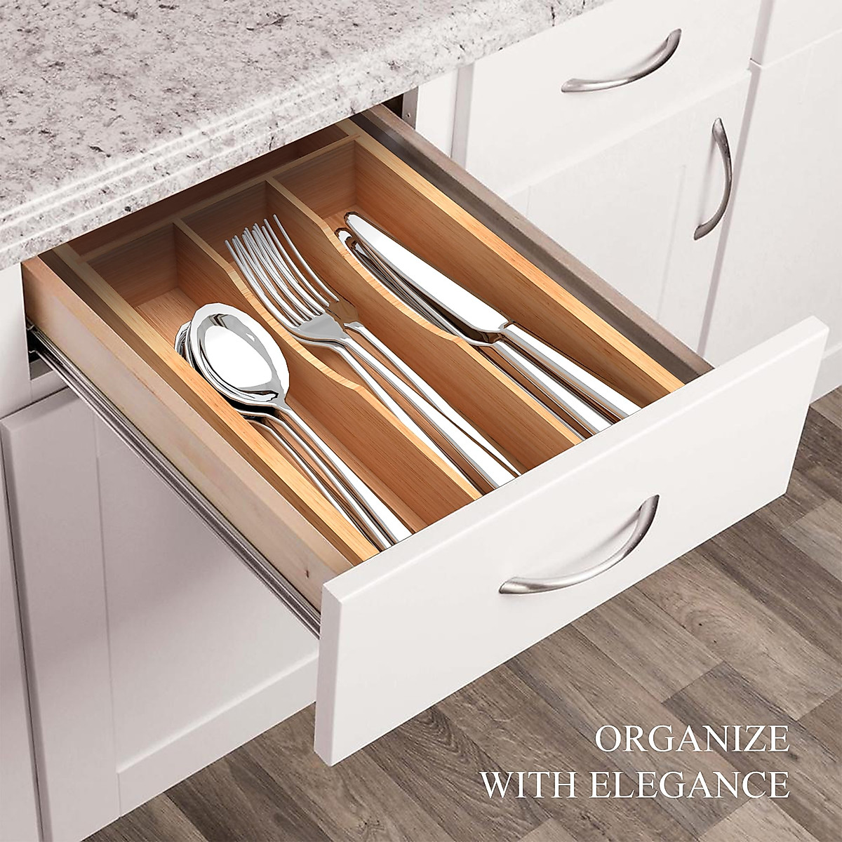 Small Silverware Organizer, Bamboo Kitchen Drawer Organizer, Utensil Holder, Cutlery Tray & Spoon Flatware Storage with Grooved Drawer Dividers