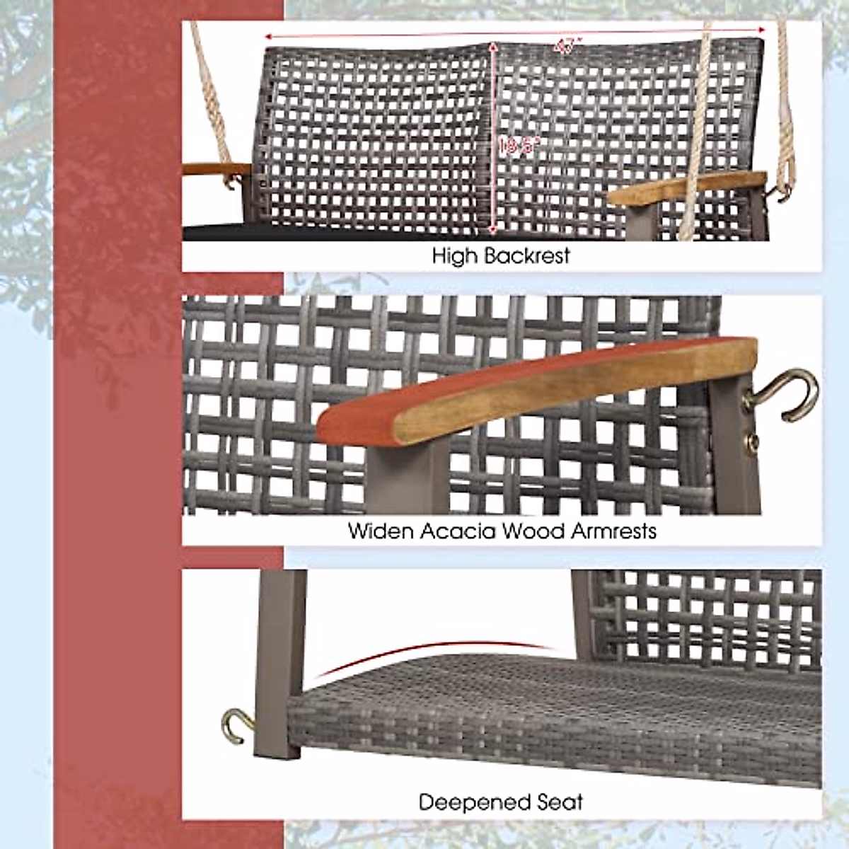 Tangkula 2-Person Outdoor Porch Swing with 118" Hanging Ropes, Patiojoy PE Wicker Patio Hanging Swing Bench with Soft Seat Cushion & 800 Lbs Weight Capacity, Suitable for Patio, Garden (Black)