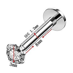 16G Clear CZ Labret Monroe Lip Ring Tragus Nail Helix Earring Stud Piercing Jewelry Surgical Stainless Steel 2mm 3mm CZ 8mm Bar 4-8 Pcs (2 Pairs Yellow Gold - Bar 8mm; CZ:2-3mm)