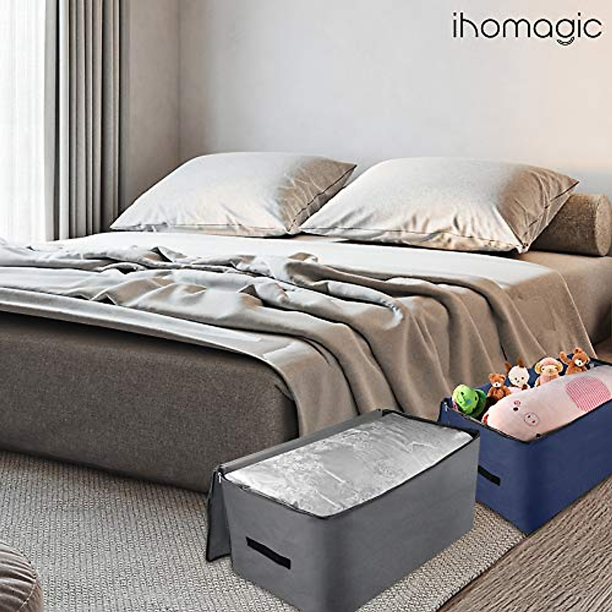 IHOMAGIC 2-Pack Under Bed Storage Bag, Zippered Clothes Storage Organizer with Handles - Storage Bins with Clear Pocket to Insert Label – for Clothing, Blankets, Towels 49L(Navy Blue/Dark Grey, S)