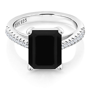 Gem Stone King 925 Sterling Silver Black Onyx and White Created Sapphire Women's Wedding Engagement Ring (3.39 Cttw, Gemstone Birthstone, 10X8MM Emerald Cut, Available In Size 5, 6, 7, 8, 9)