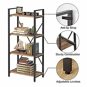 BON AUGURE Industrial 4 Tier Bookshelf, Modern Open Etagere Bookcase, Heavy Duty Book Shelves, Wood Metal Shelving Unit for Living Room, Bedroom and Office (Vintage Oak)