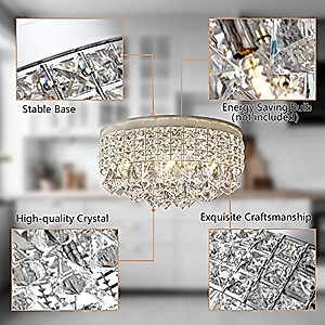 Maxax 4 Lights Crystal Chandelier, Modern Drum Ceiling Light Fixture Lamp, Raindrop Flush Mount Round Metal Shade, for Dining Room, Living Room, Bathroom, Bedroom, Chrome