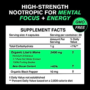 Organic Lions Mane Mushroom Capsules - Powerful Nootropic - Helps Maintain Memory, Energy, and Mental Clarity - Brain Booster Focus Pills - Real Lion's Mane Mushroom Supplement - Paleo, Vegan, Non-GMO