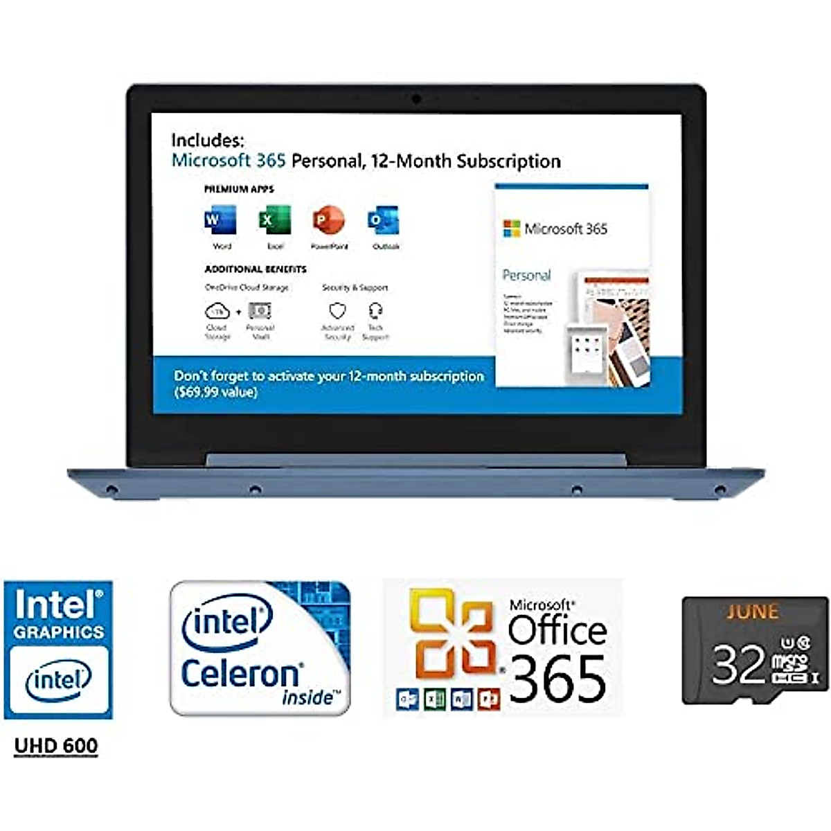 Lenovo 2021 Newest ideapad Compact Laptop for School and Home: 11.6" HD Display, Intel Dual-Core Celeron, 4GB RAM, 64GB Storage, WiFi, BT, HDMI, Dolby Audio, Office 365, Win10 S, June Cloth