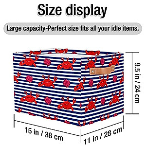 YoCosy Large Storage Baskets for Organizing Shelves Ocean Crab Navy Blue Stripe Nautical Foldable Cube Storage Bins with Handles Rectangle Fabric Closet Organizers for Home Toys Clothes, 1 Pack