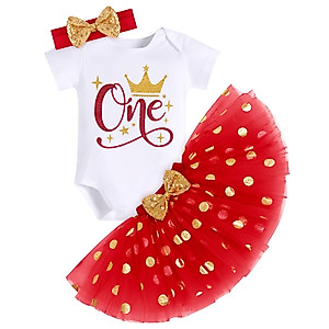 Coming Home outfit for Baby Girl - Mini Mouse Birthday Decorations for Girls 1 Year Old - Wild One Clothes Set for Kids Princess Crown Romper Dress Bowknot Headband 3pcs Outfits Red - one 1T