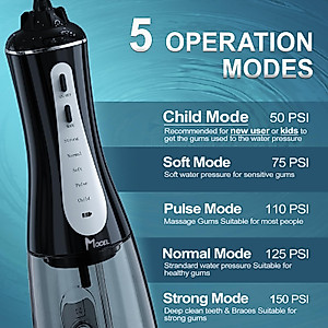 MOCEL Water Dental Flosser Oral Irrigator with 5 Modes, 350ml Cordless Water Teeth Cleaner Pick 6 Tips, IPX7 Waterproof Rechargeable Portable Powerful Battery for Travel & Home Braces & Bridges Care