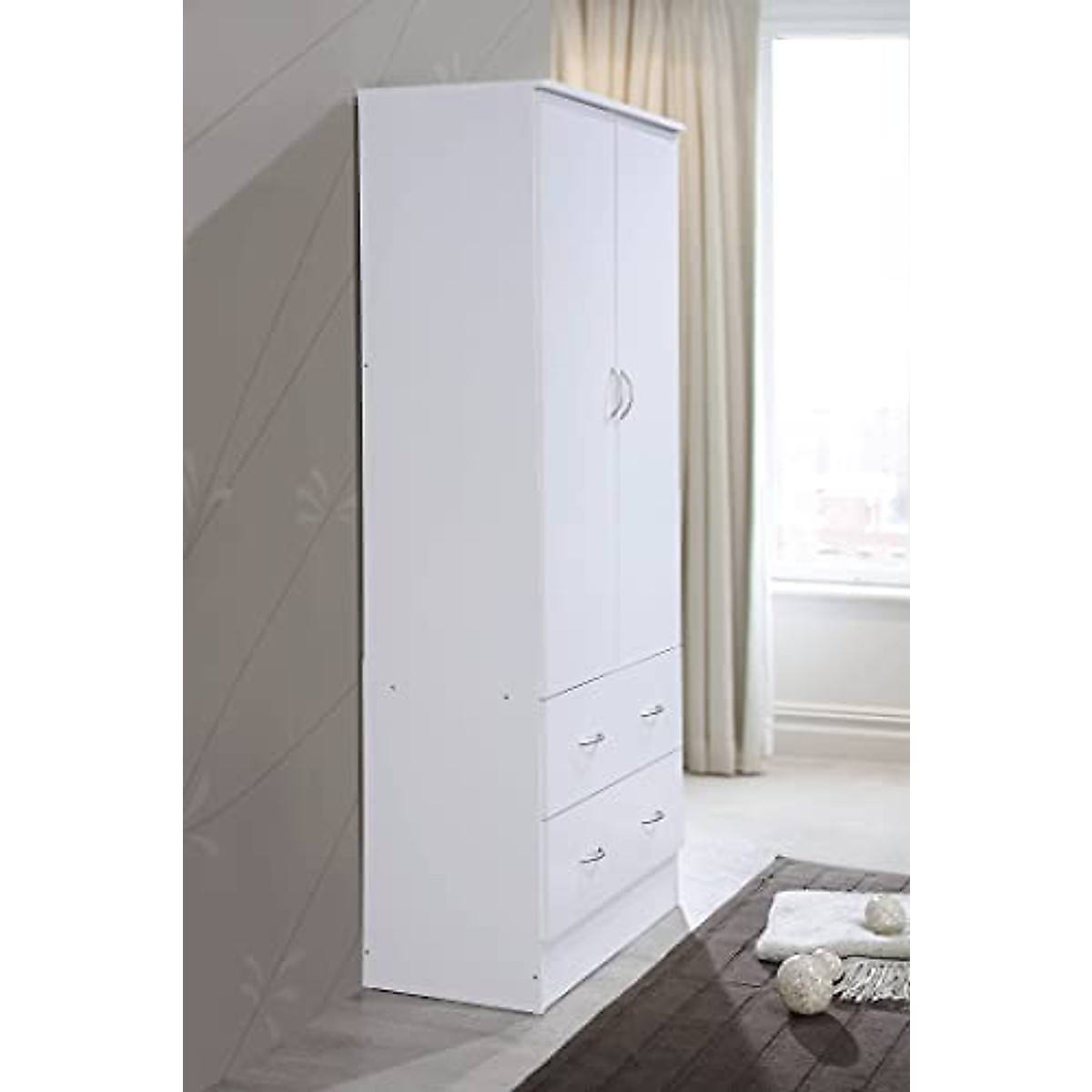 HODEDAH IMPORT Two Door Wardrobe, with Two Drawers, and Hanging Rod, White.