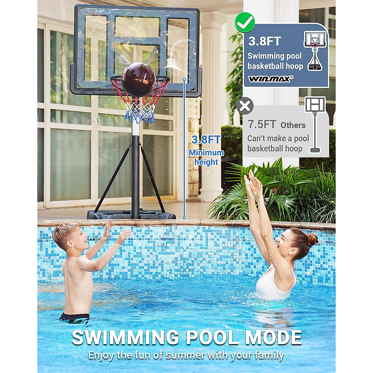 WIN.MAX Basketball Hoop Outdoor 3.8-10ft Adjustable Height, 44inch Backboard, Swimming Pool Basketball Hoop & Goal for Kids/Adults Indoor