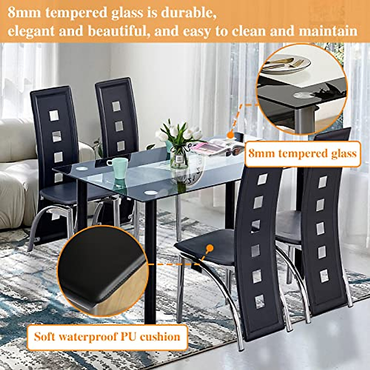 HomVent Dining Table Set for 4, Small Tempered Glass Dining Room Table Set, Kitchen Table and Chairs for Small Spaces, Transparent,White Modern 110cm, Stainless Steel PU Leather (Transparent & Black)