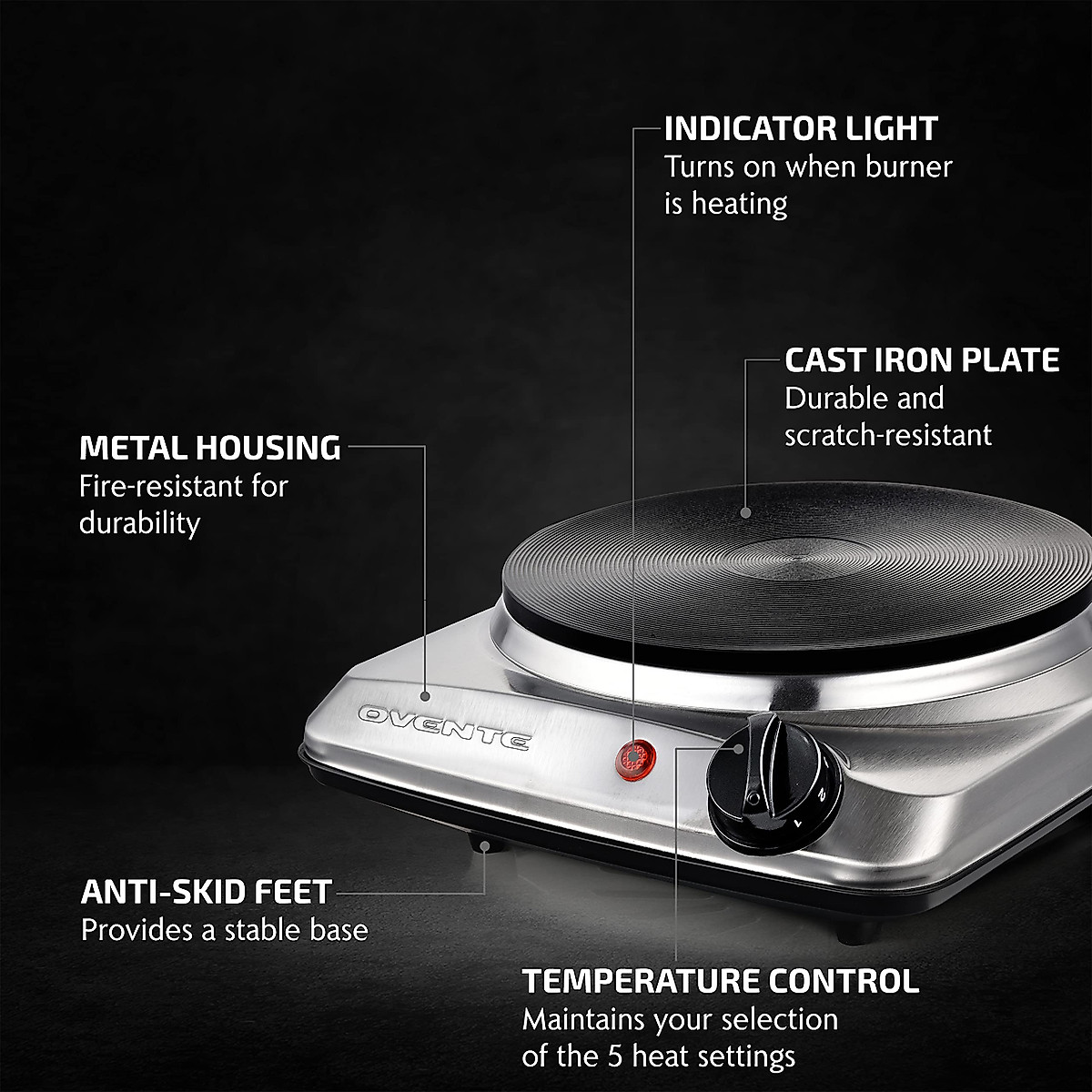 OVENTE Electric Countertop Single Burner, 1000W Cooktop with 7.25 Inch Cast Iron Hot Plate, 5 Level Temperature Control, Compact Cooking Stove and Easy to Clean Stainless Steel Base, Silver BGS101S