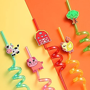 AFZMON 24 PCS Farm Aminal Drinking Straws Reusable Plastic Beverages Cocktail Straw with Cartoon Decoration for Kids Farm Animal BIrthday Party Supplies Favors,8 Styles