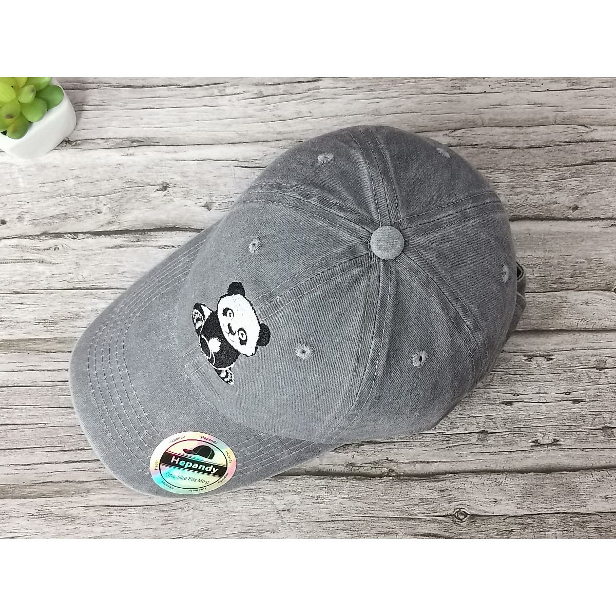 Hepandy Embroidered Panda Bear Baseball Hat for Men Women Kids, Washed Grey Embroidery Snapback Cap Trucker Hat Adjustable Dad Hats