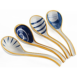 Ceramic Soup Spoons Set of 4 Porcelain Japanese Soup Spoon Long Handle Asian Soup Spoon Sets for Pho Ramen Noodles Wonton Dumpling Rice (Model 1#)