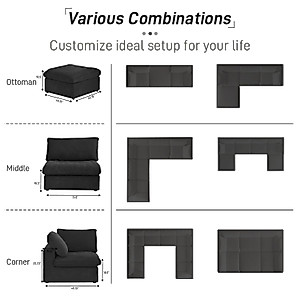 Cloud Modular Sectional Sofa for Livingroom,Large Down Filled Comfort Corner Sectional Sofa Couch with Ottoman,Wide Deep Seat Convertible Couches for Office Apartment,V Shaped,Black