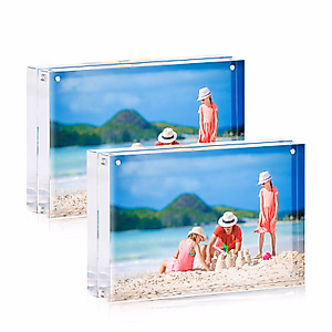 HappyHapi 5 x 7 Inch 2 Pack Acrylic Photo Frame, 10 + 10MM Thickness Clear Picture Frame, Magnetic Acrylic Picture Blocks, Freestanding Desktop Display Gift Ideal