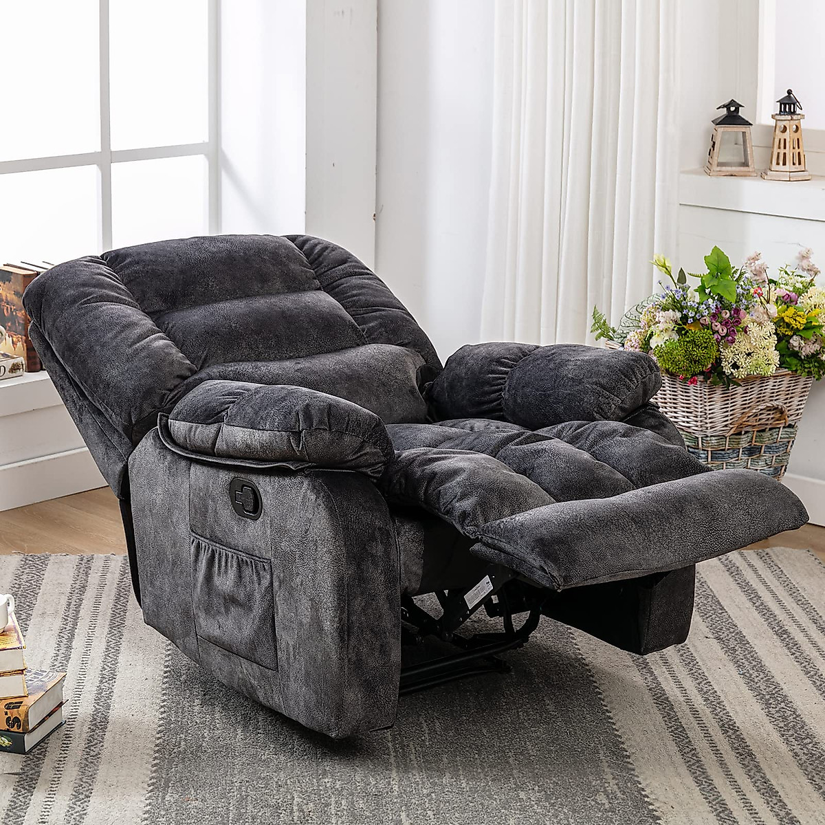 ANJHOME Overstuffed Massage Recliner with Heat and Vibration, Soft Fabric Manual Reclining Chairs with Side Pocket for Living Room (Gray)