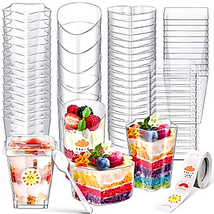 60 Pcs Clear Plastic Dessert Cups with Lids and Spoons Set Party Mini Square Heart Parfait Cups Slanted Round Fruit Pudding Pentagram Appetizer Cups Shooter Cups Dessert Containers and Stickers