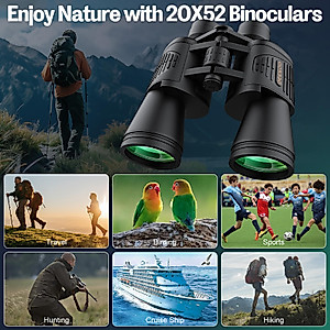 Binoculars for Adults High Powered - 20x52 HD Large View with Clear Low Light - Professional Binoculars for Bird Watching Hunting Stargazing Football Travel Cruise Outdoor Sports with Carrying Bag