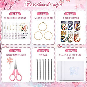 6 Set Butterfly Embroidery Kit Butterfly and Flower Cross Stitch Set Embroidery Kits for Adults with Patterns Instructions Embroidery Hoops Threads Needles Scissor Needle Threader for Beginners