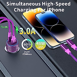 [Apple MFi Certified] iPhone Fast Car Charger, Veetone 48W Dual Port USB-C PD/QC3.0 Power Car Charger Adapter + 2 Pack Lightning Braided Cable Quick Charging for iPhone 14 13 12 11 Pro/XS/XR/SE/X/iPad