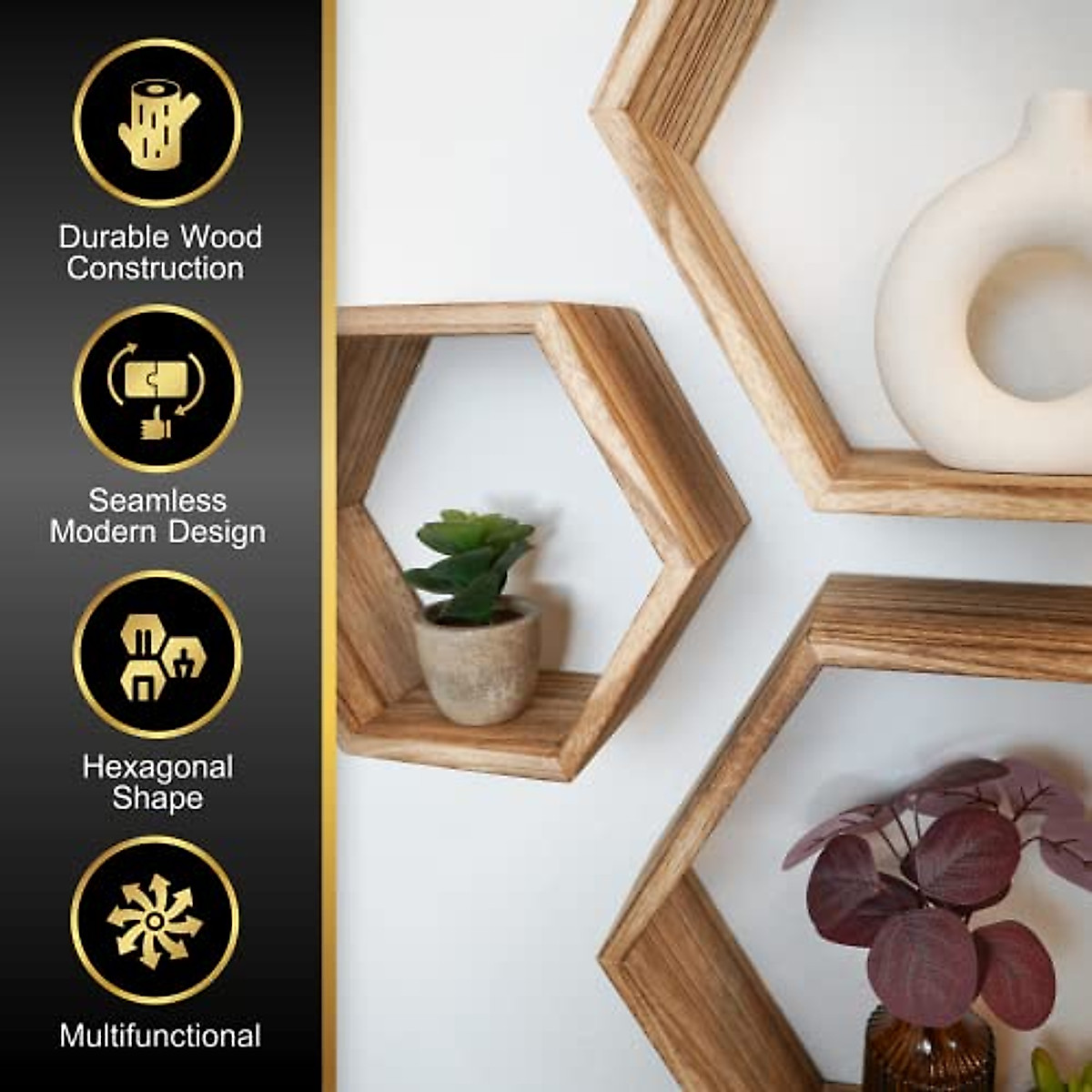 Hexagon Shelves Set of 5 – Wall Mounted Natural Light Wood Floating Shelves – Decorative Honeycomb Hanging Display Shelf for Bedroom, Living Room, Kitchen & Office - Modern Farmhouse Décor Storage