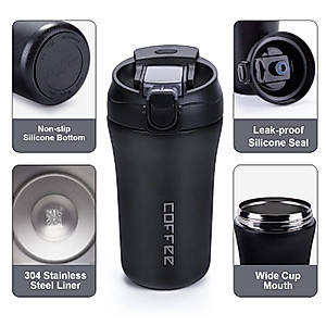 14 oz Travel Coffee Mug, 2 Pack Vacuum Insulated Coffee Travel Mug Spill Proof with Lid and Straw, Stainless Steel Reusable Coffee Tumbler for Hot and Cold Drinks, Gift for Men and Women(Black Grey)