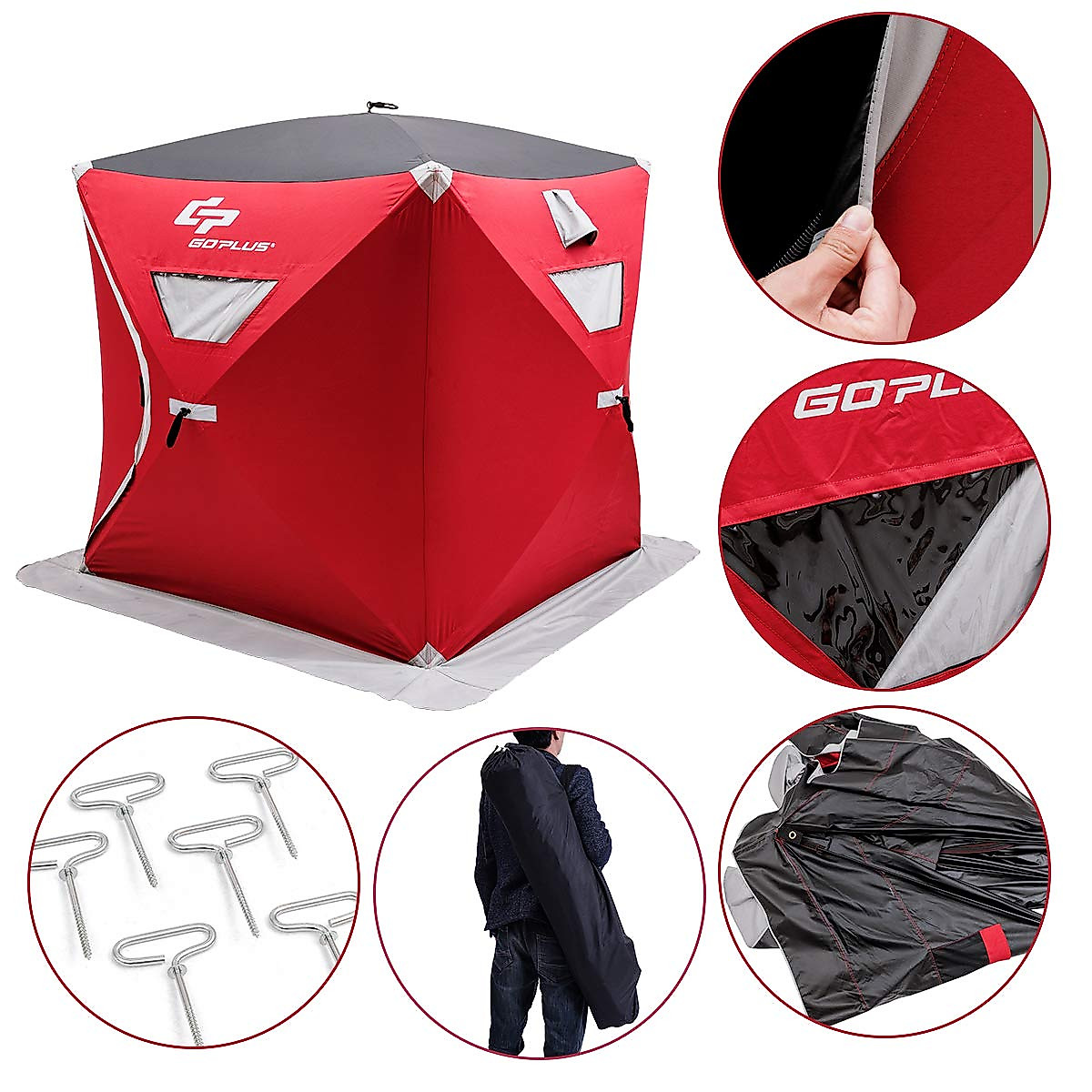 Waitpant Portable Ice Shelter, Quickly Pop-up Ice Fishing Tent Shanty with Portable Bag, Cold-Resistant, Strong Wind Resistance, Waterproof, Zippered Door, Built-in Storage Pocket, Red (2-Person)