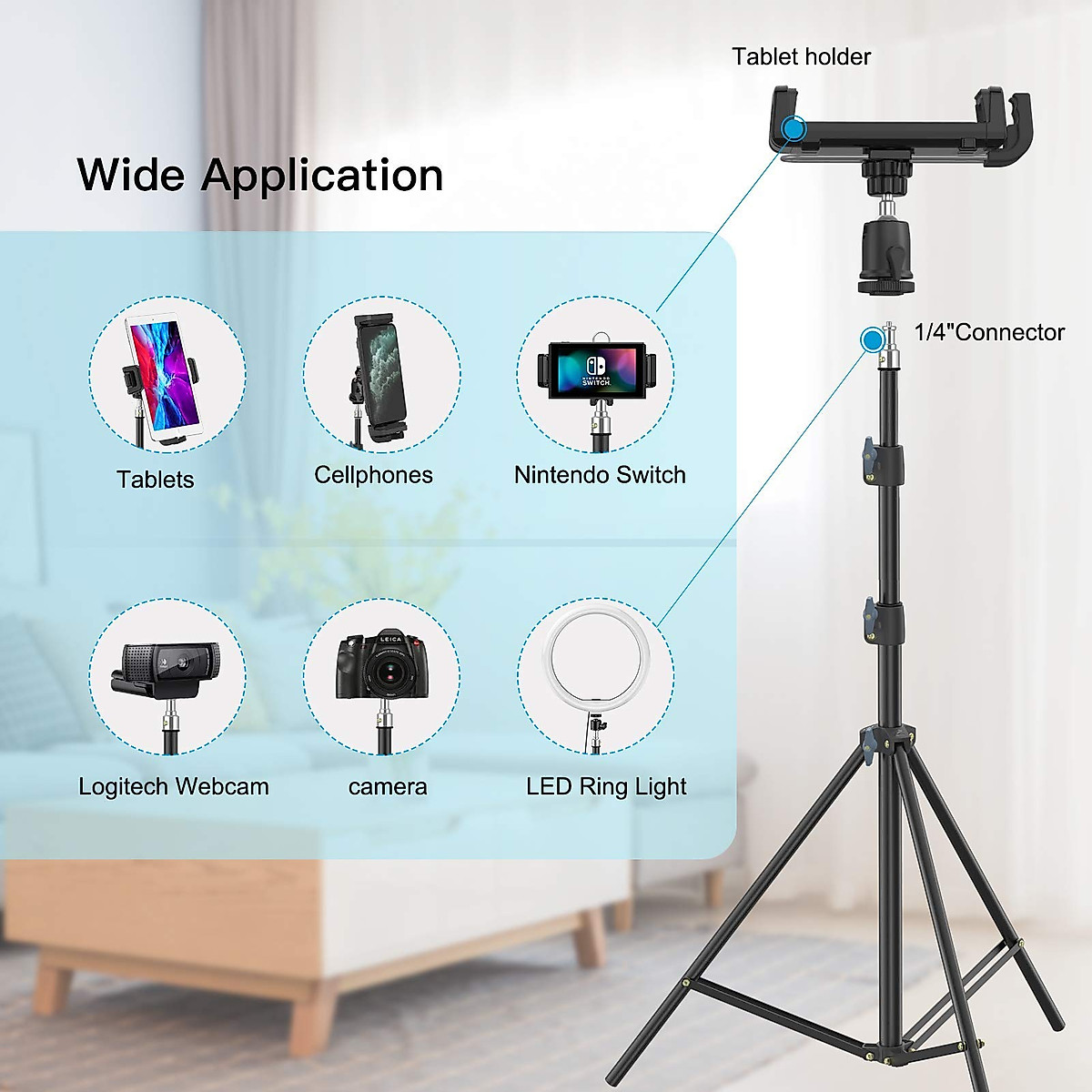 Smatree iPad Tripod Stand Floor Stand, Height Adjustable Foldable Tripod Stand for Cell Phone/Tablet/Camera/Logitech Webcam, Compatible with iPhone/iPad Pro/Mini/Air, Height Adjustable 27.5-82.6 Inch