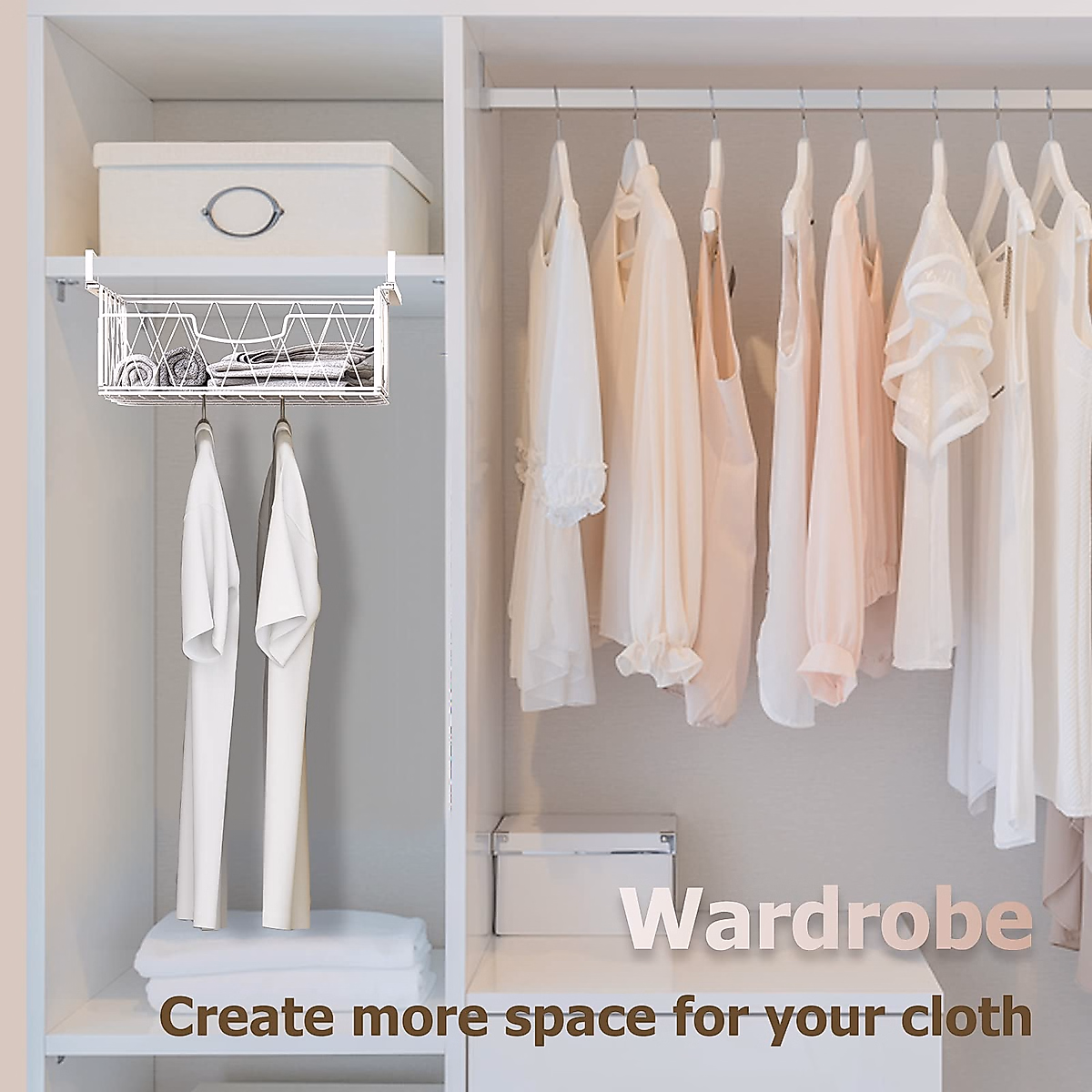 Under Shelf Basket, Bextsrack 2 PACK Sliding Wire Rack with Plastic Pad for Hanging Storage Basket, Under Cabinet Organizer for Kitchen Pantry Desk Bookshelf - White