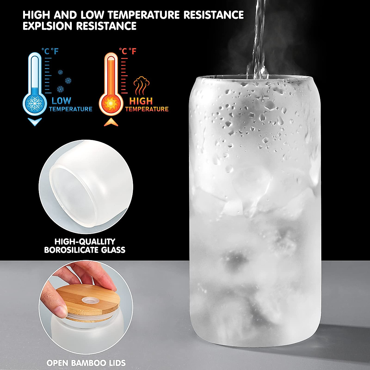 Moretoes 16oz Sublimation Glass Cups with Lids and Straws, Iced Coffee Cups, Reusable Drinking Glasses Set of 8