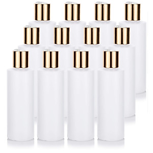 JUVITUS 6 oz Clear Natural Refillable Plastic Squeeze Bottle with Gold Metal Disc Cap (12 Pack)