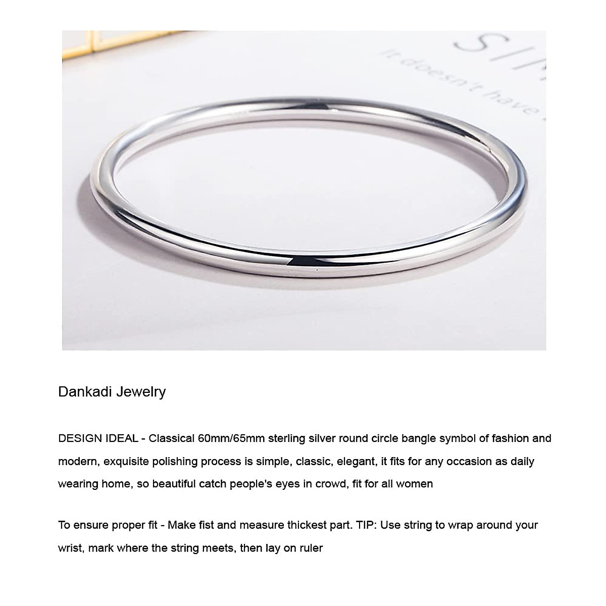 Meilanduo Solid 925 Sterling Silver 4MM Simple Plain Polished Round Circle Bangle Bracelets for Women (1x 60mm round circle bangle)