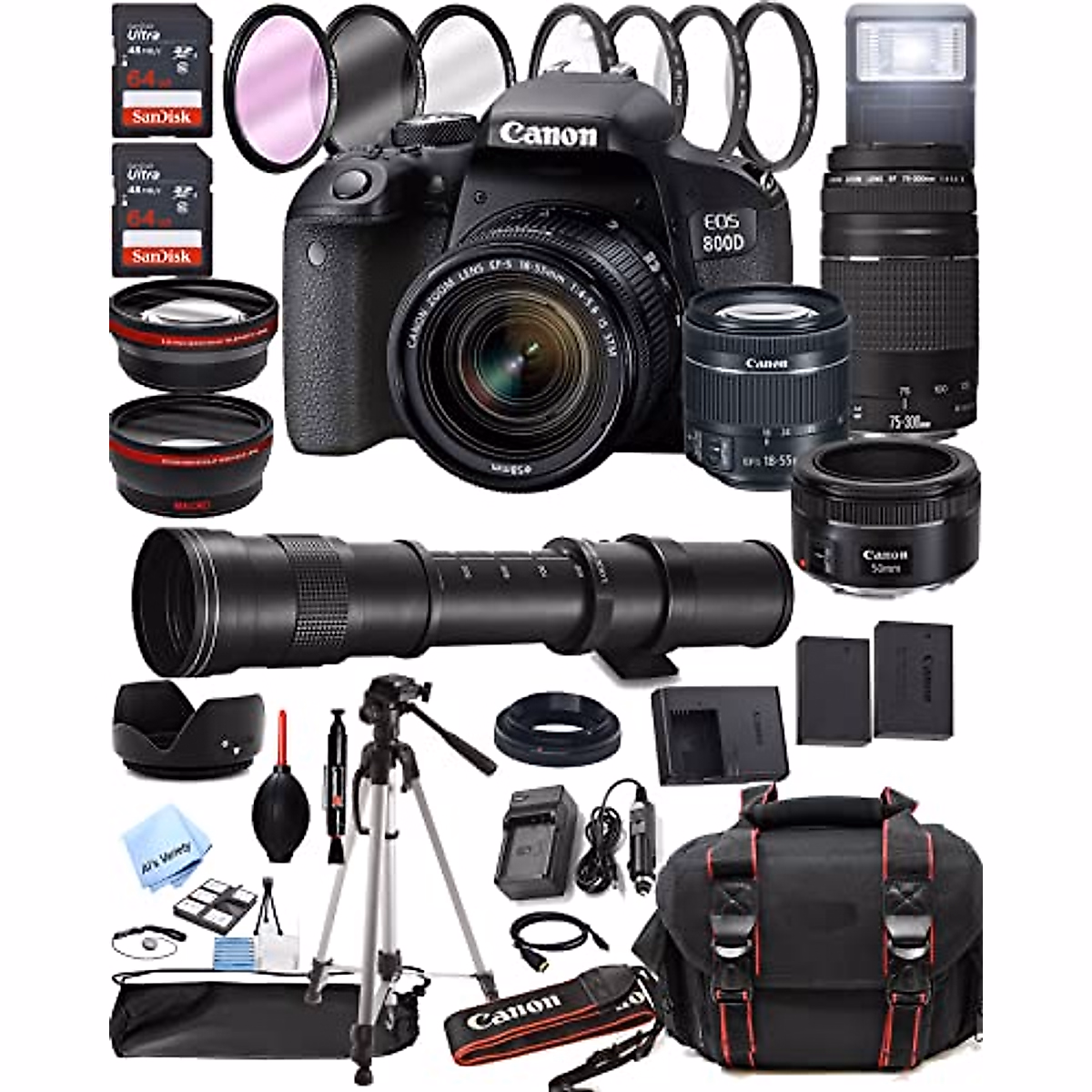 EOS 800D (Rebel T7i) DSLR Camera w/EF-S 18-55mm F/4-5.6 is STM Lens + 75-300mm F/4-5.6 III Lens + 50mm f/1.8 STM Lens + 420-800mm Super Telephoto Lens + 128GB Memory (42pc Extreme Bundle)