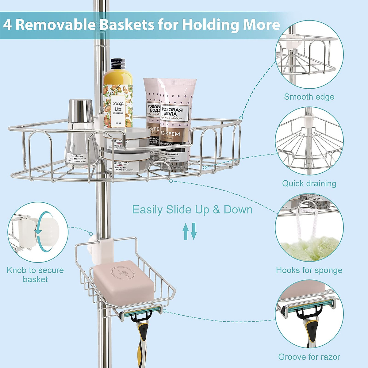 Tension Shower Caddy , Stainless Steel Corner Shower Caddy Stand Storage Organizer with Rustproof Tension Pole for Bathroom Bathtub Shampoo Soap Plants, 4 Tier Adjustable Shelves, 54 to 125 Inch