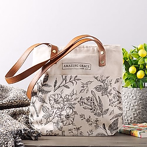 Christian Art Gifts Canvas Floral Tote Bag for Women: Amazing Grace Inspirational Scripture for Shopping, Supplies, Books, Accessories, Vegan Leather, Pocket, Zippered Closure, Creamy Tan & Brown