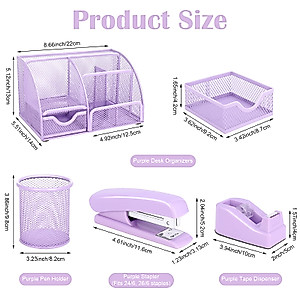 Purple Mesh Desk Organizer and Accessories, Purple Gift Purple Office Supplies 7 Compartments Desk Organizer with Stapler,Tape Dispenser,1000 Staples,Pen Holder,Staple Remover,Clips,Ruler,Scissors