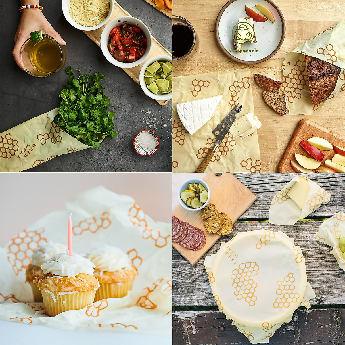 Bee's Wrap Reusable Beeswax Food Wraps Made in the USA, Eco Friendly Beeswax Wraps for Food, Sustainable Food Storage Containers, Organic Cotton Food Wraps, 3 Pack of Large Wraps, Honeycomb Pattern