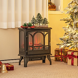 Tangkula 23 Inch Electric Fireplace Stove, Freestanding Fireplace Heater with Vivid Flame Effect, 3-Sided Panoramic View, Overheat Protection, 1400W Space Heater, Ideal for Home & Office