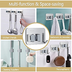 HUOWUSS Broom Mop Holder, 3PCS Sturdy Broom Holder Wall Mount, 304 Metal Stainless Steel Broom Holder and Storage, Utility Storage Rack Heavy Duty Tools Hanger for Home Office Closet & Garden