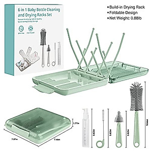 Bottle Brush Set -Baby Travel Essential-6 in 1 Bottle Cleaner Kit with Silicone Bottle Brush,Nipple Cleaner Brush,Straw Brush,Soap Dispenser,Storage Box,Bottle Drying Rack for Home and Travel(Green)