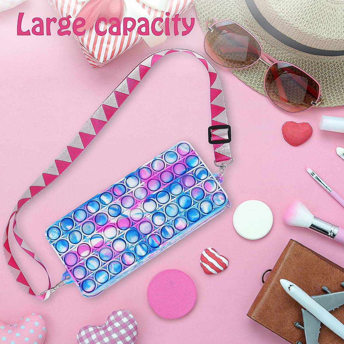 Pop Purse Bag for Girls Women Pop Girl Bag Sensory Fidget Bag with Strap, Girl Pop Toy Crossbody Body Handbags, Crossbody Small Purse Sensory Girl Toys (pink-blue)