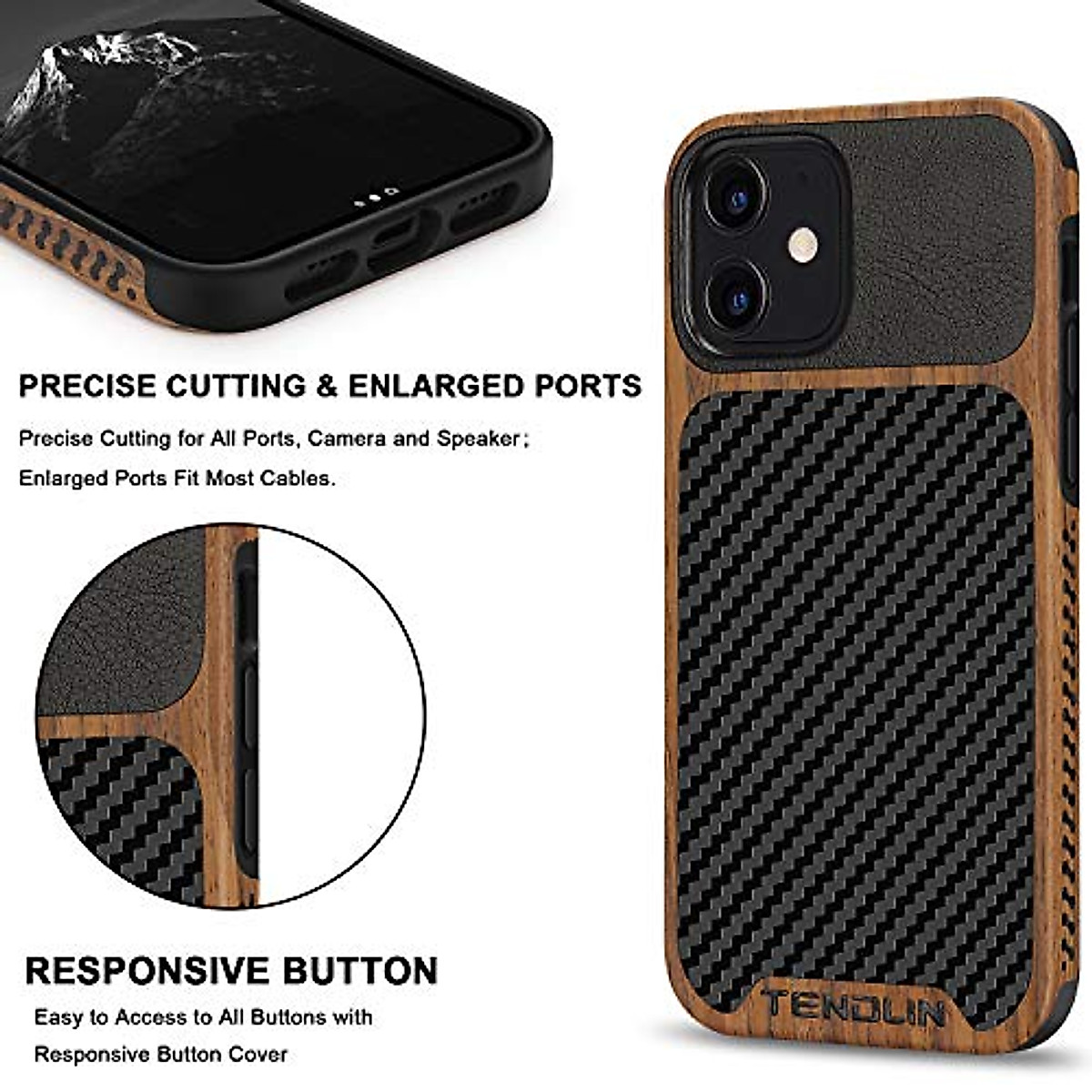 TENDLIN Compatible with iPhone 12 Mini Case Wood Grain with Carbon Fiber Texture Design Leather Hybrid Case