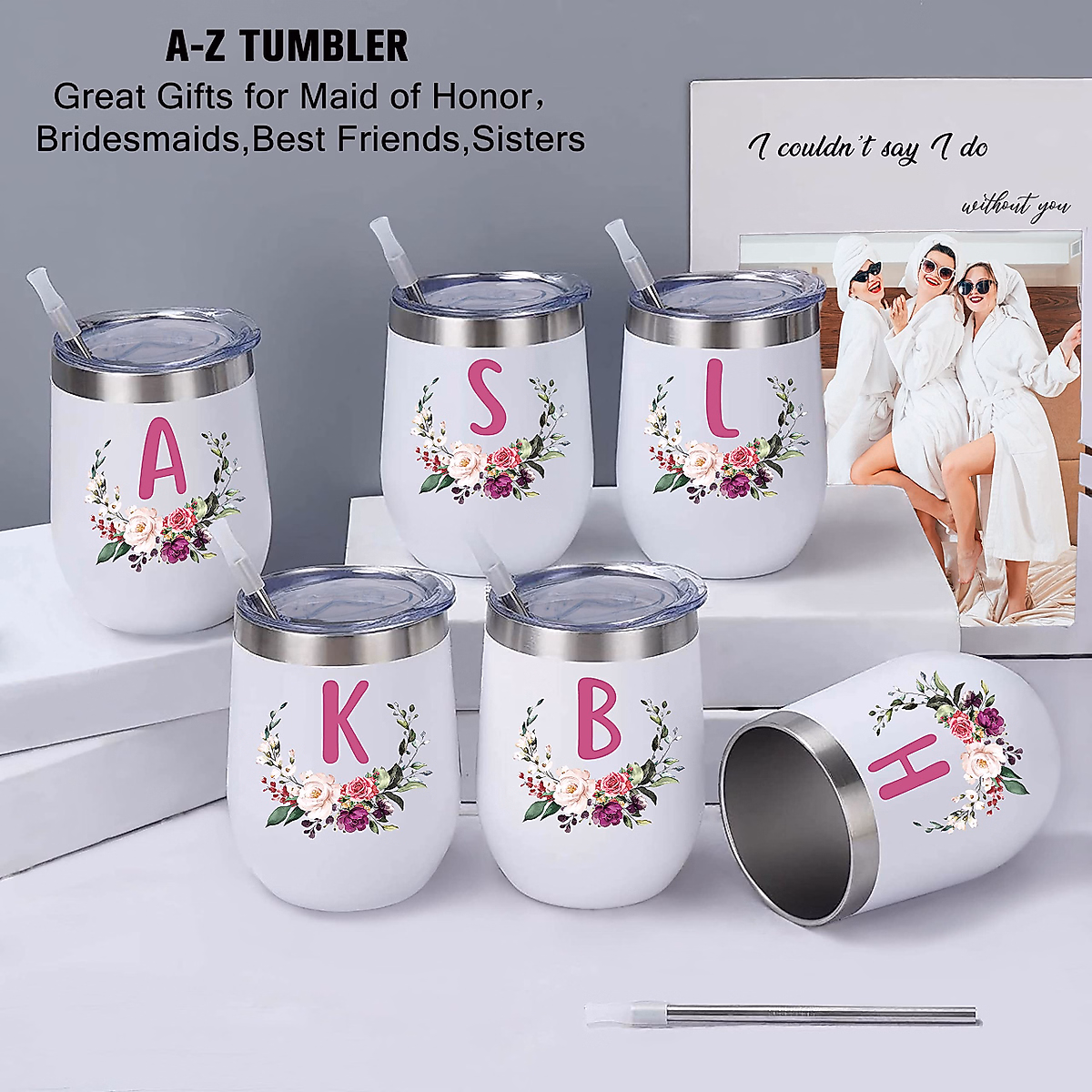 Women Birthday Christmas Gift-Wedding Present for Maid of Honor From Bride-Bridal Shower Gift for Bridesmaid Best Sister-Bachelorette Present-12oz Monogrammed Tumbler Wine Coffee Mug-Initial Letter F