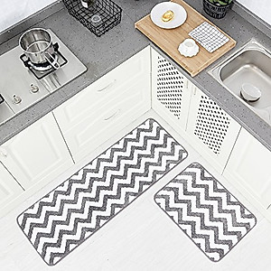 Carvapet 2 Pieces Microfiber Chevron Non-Slip Soft Kitchen Mat Bath Rug Doormat Runner Carpet Set, 17"x48"+17"x24", Grey