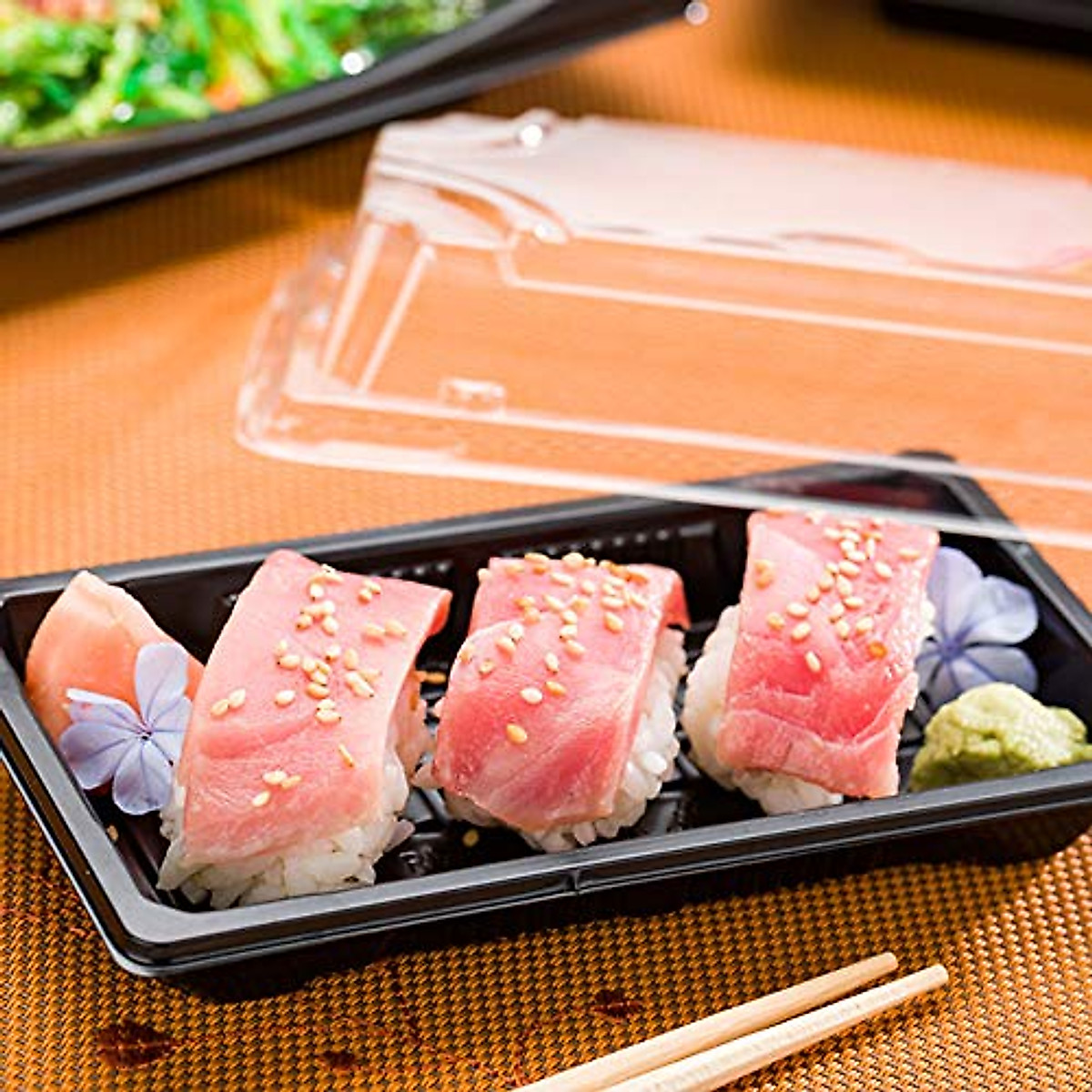 Restaurantware Roku 6 x 3.5 Inch Sushi Trays, 100 Disposable Sushi Containers With Lids - Small, Rectangle, Black Plastic To Go Containers, Take Out Containers For Appetizers, Entrees, or Desserts