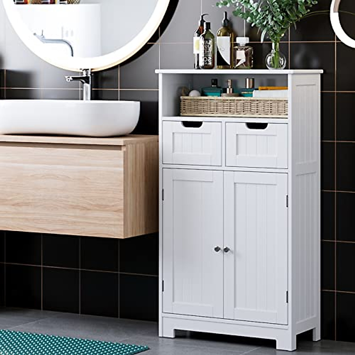 URKNO Bathroom Storage Cabinet, Wood Floor Cabinet with Drawers and Doors, Corner Freestanding Cabinet for Home Office, White