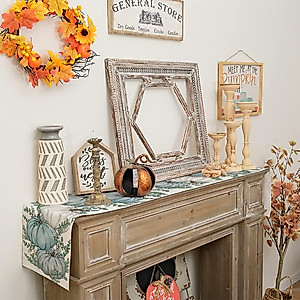 GEEORY Fall Table Runner, 13x72 Inch Pumpkins Eucalyptus Leaves Farmhouse Decor Table Decoration for Kitchen Dinning, Indoor Outdoor Dinner Party (Blue Pumpkins) GT110-72